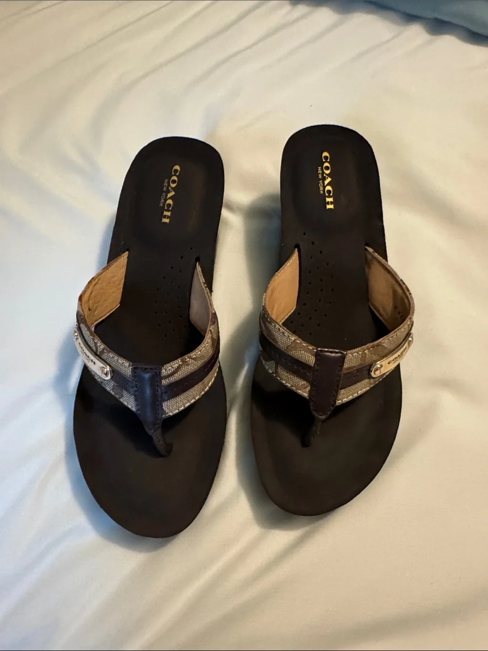 Coach | Shoes | Coach Brown Logo Canvas Thong Sandals With Black ...